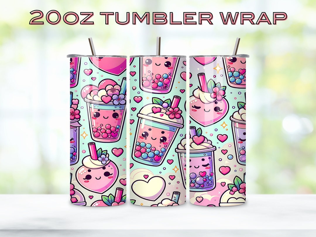 Kawaii Bubble Tea Tumbler Wrap, Cute Hearts Design, 20oz Skinny Tumbler ...