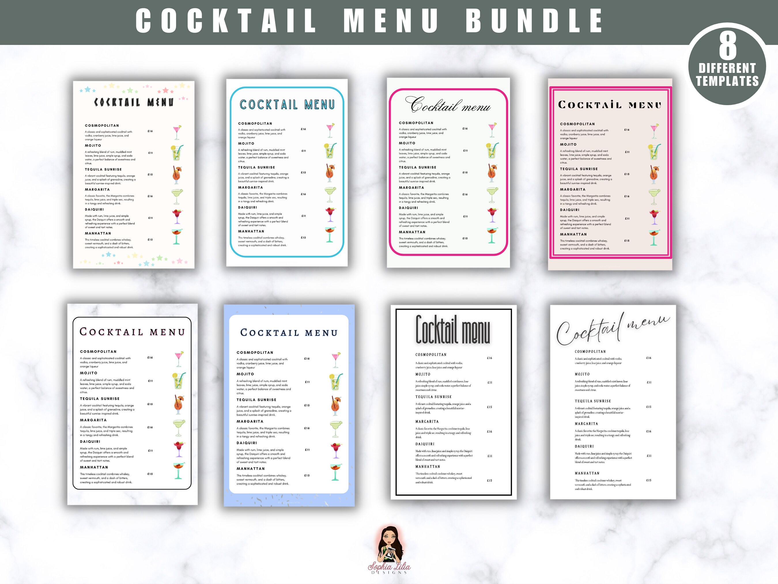 Printable Bar Menu Template Bundle, Editable Signature Cocktails Sign, Wedding Bar Signs, 8 ...