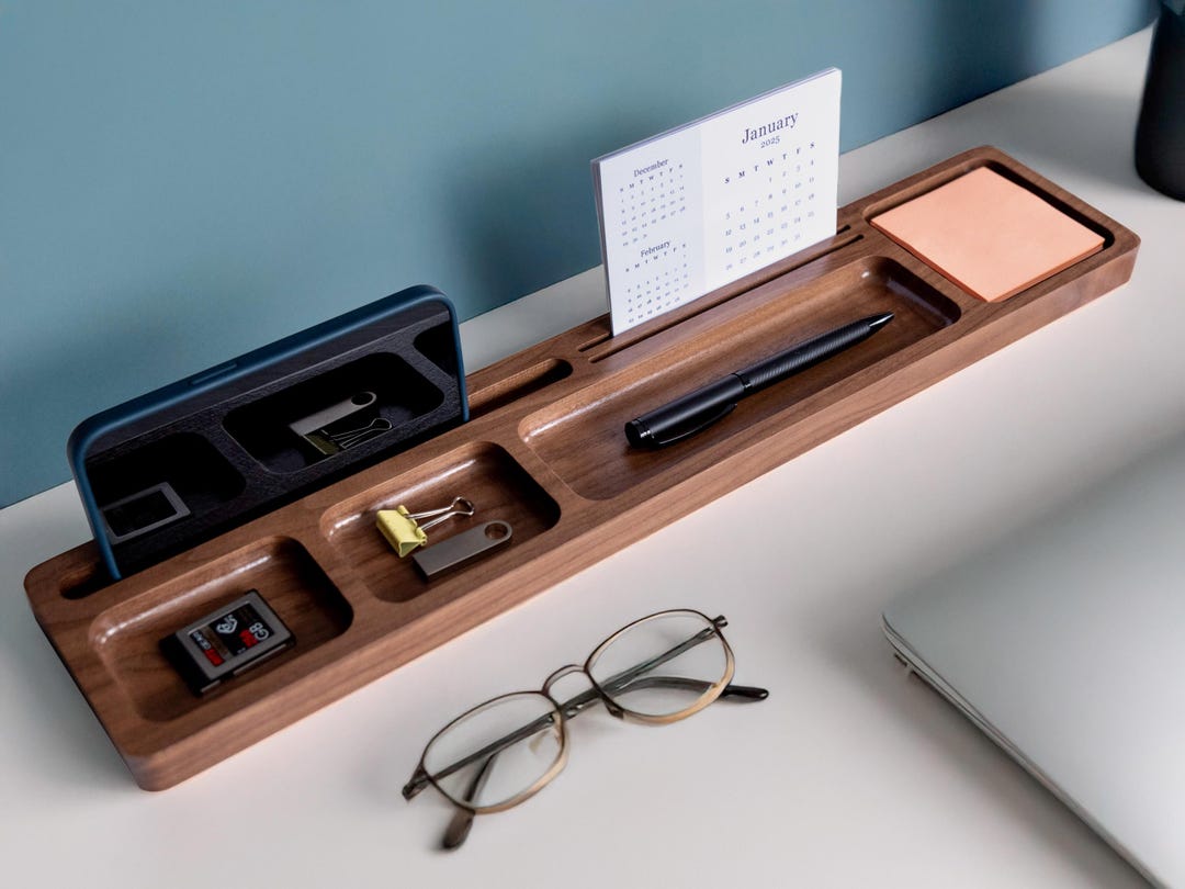 Walnut Wood Office Desk Tray Organizer | Multi-compartment Storage ...