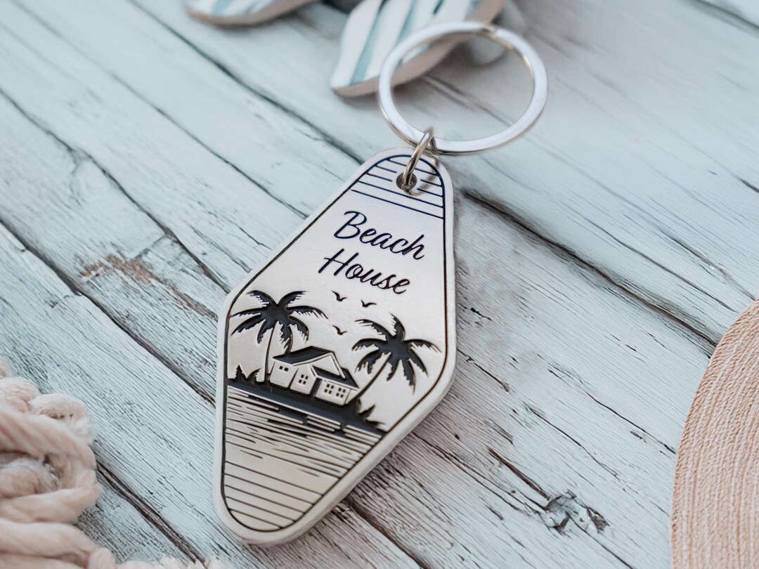 Beach House Keychain • Vacation Home Key Fob • Retro Metal Key Holder ...