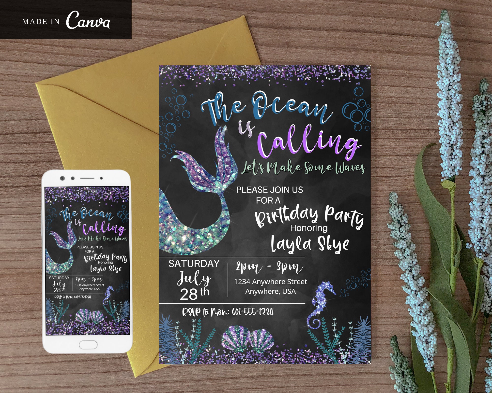 Mermaid Invitation Canva Template Mermaid EVITE Digital | Etsy