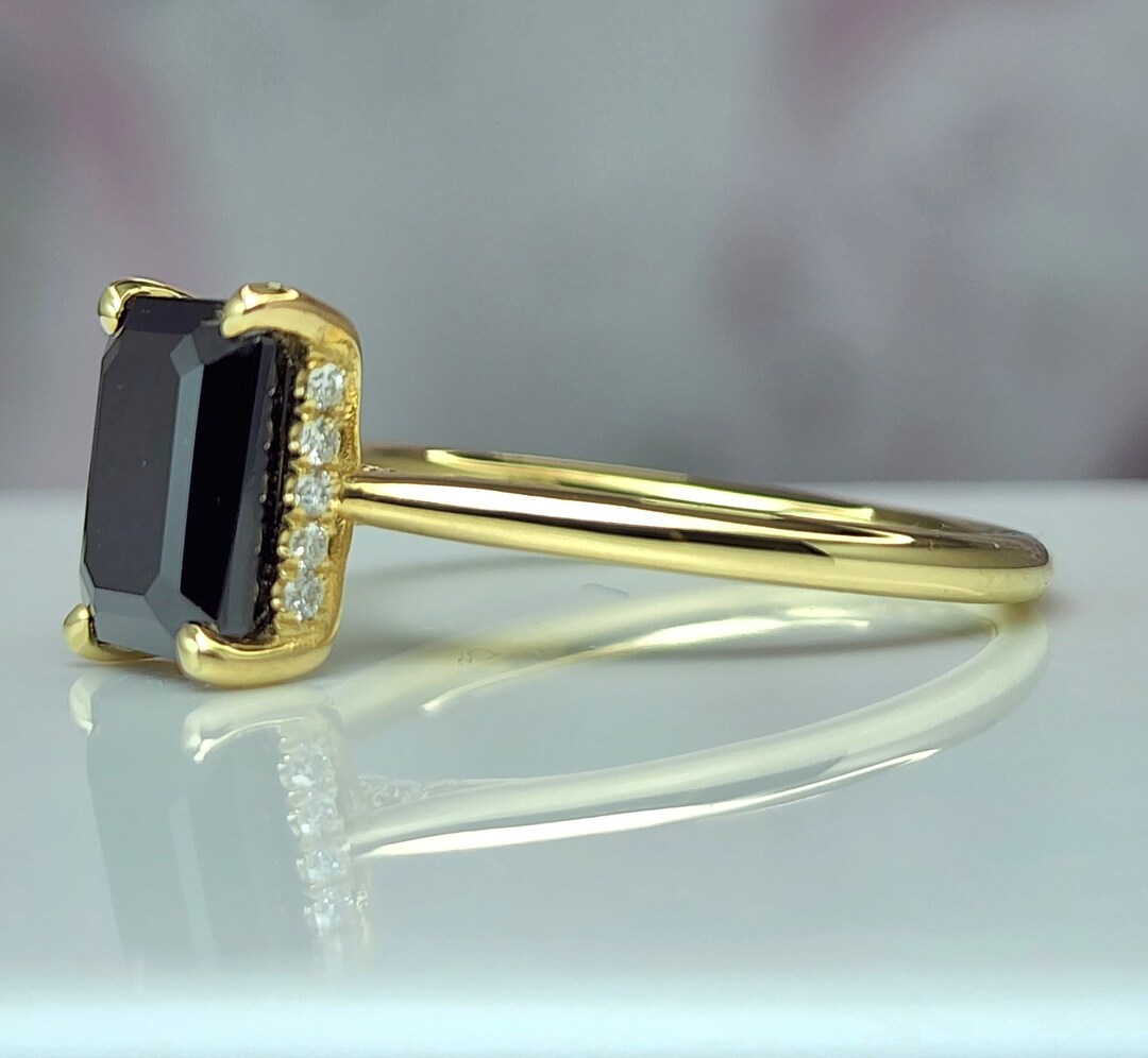 Black Emerald Cut Diamond Engagement Ring Yellow Gold Hidden Halo ...