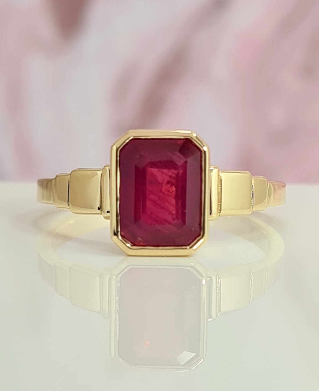 Art Deco Ruby Engagement Ring Emerald Shape Bezel Set Yellow Gold 14k ...