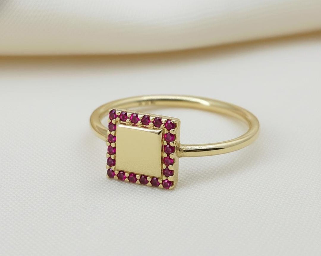 Ruby Signet Ring 14K Yellow Gold Personalized Red Gemstone Square Gold ...
