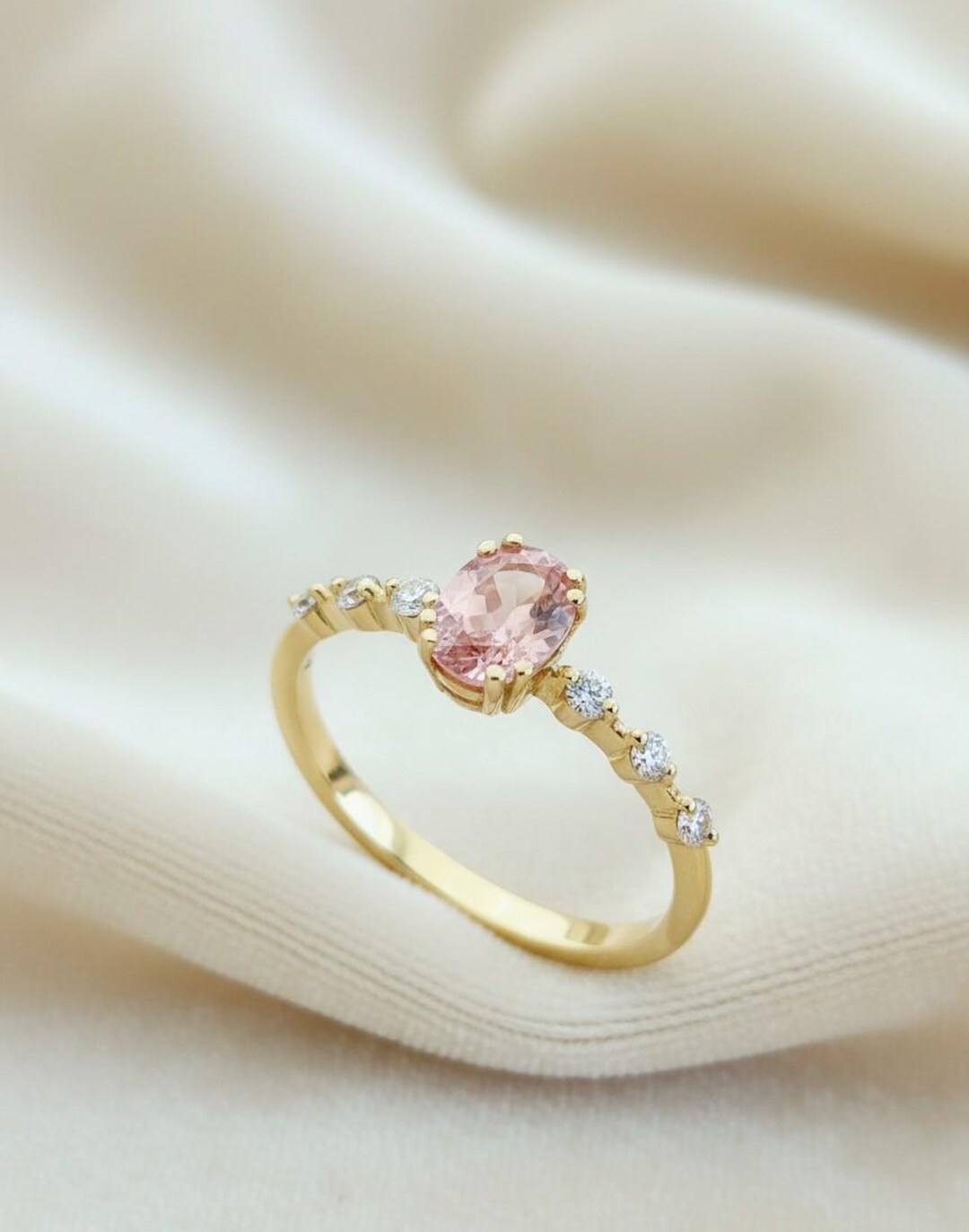 Morganite Ring Oval Cut Pink Color Gemstone, 14K Yellow Gold With Side ...