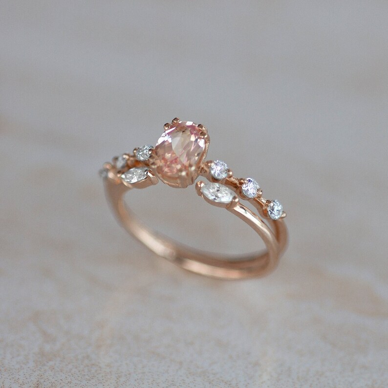 Morganite Bridal Ring Set With Lab-grown Diamonds and Moissanite in ...