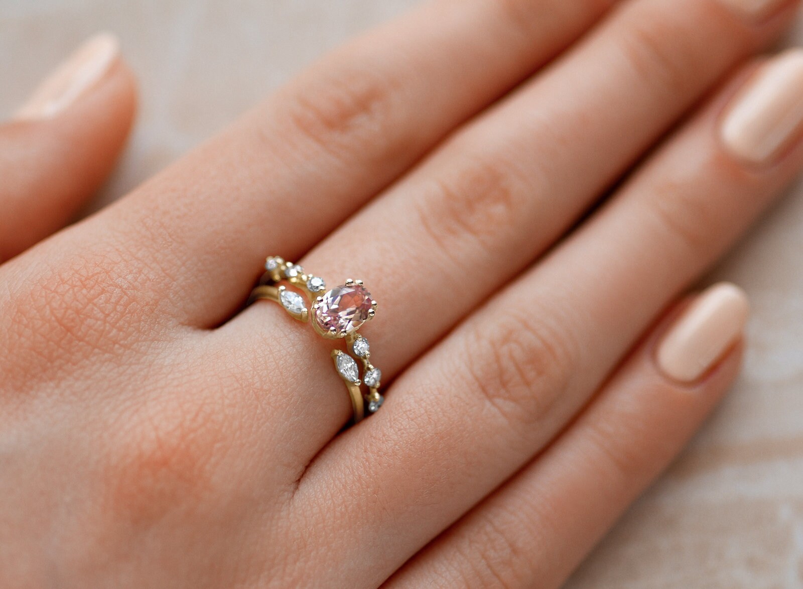Morganite Bridal Ring Set With Lab-grown Diamonds and Moissanite in ...