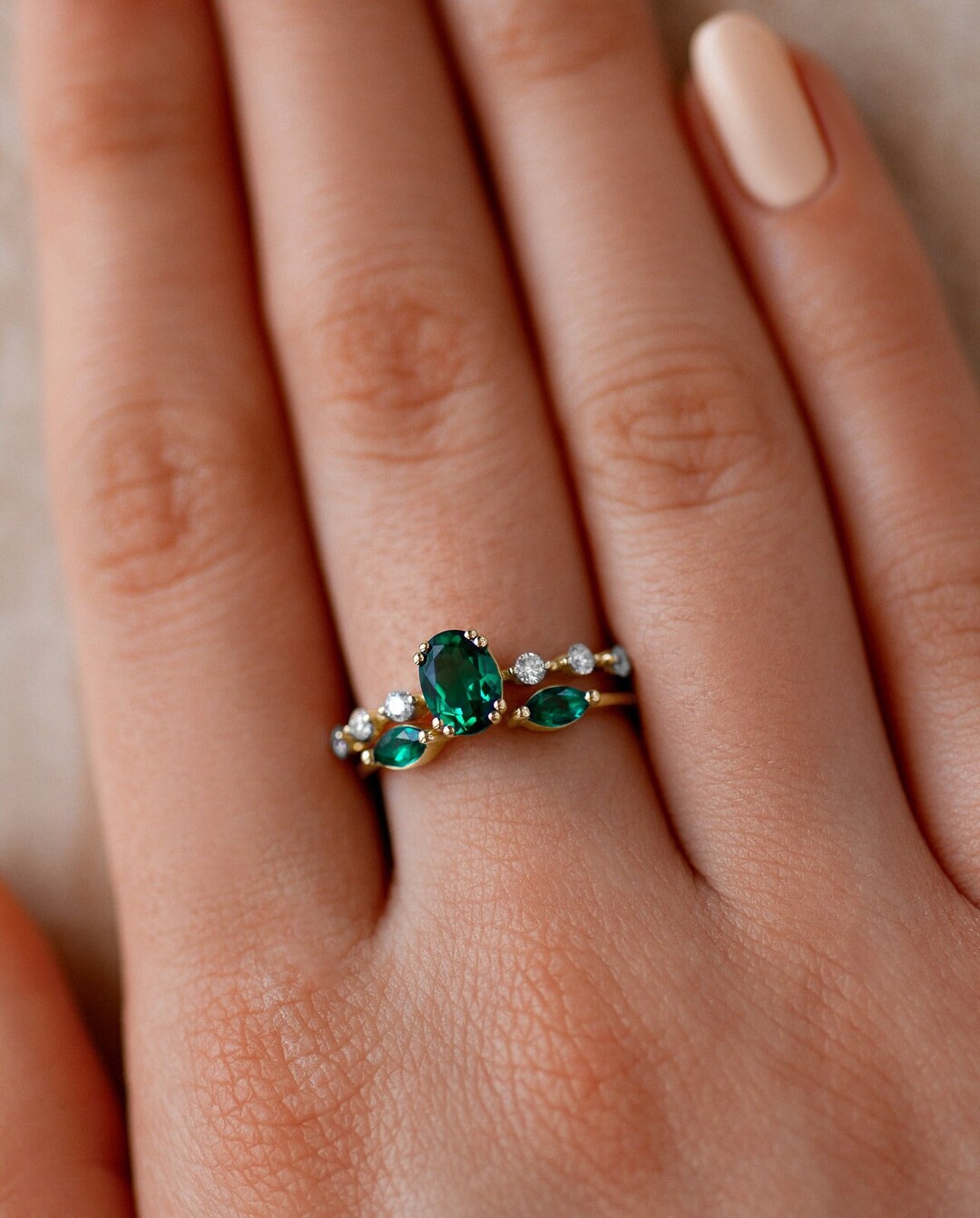 Green Emerald Gemstone Bridal Rings Set 14k Gold Amazing Oval Rings Set ...