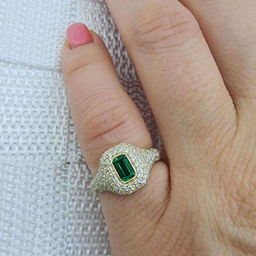 Diamonds Ring, Stamp Ring Pave Diamonds 14k Solid Gold, Emerald ...