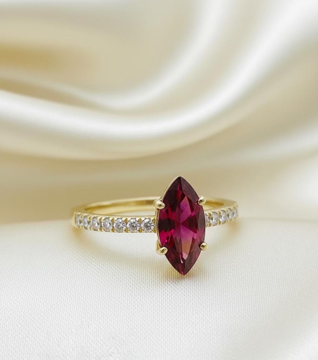 Ruby Ring, 14k Gold Ring Side Diamonds Ring, July Birthstone Art Deco ...