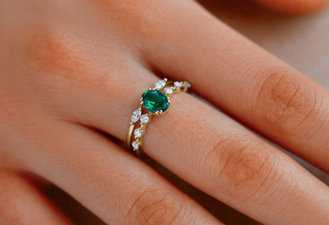 Oval Emerald Engagement Ring, 2 Rings Set 14k Gold Engagement and ...