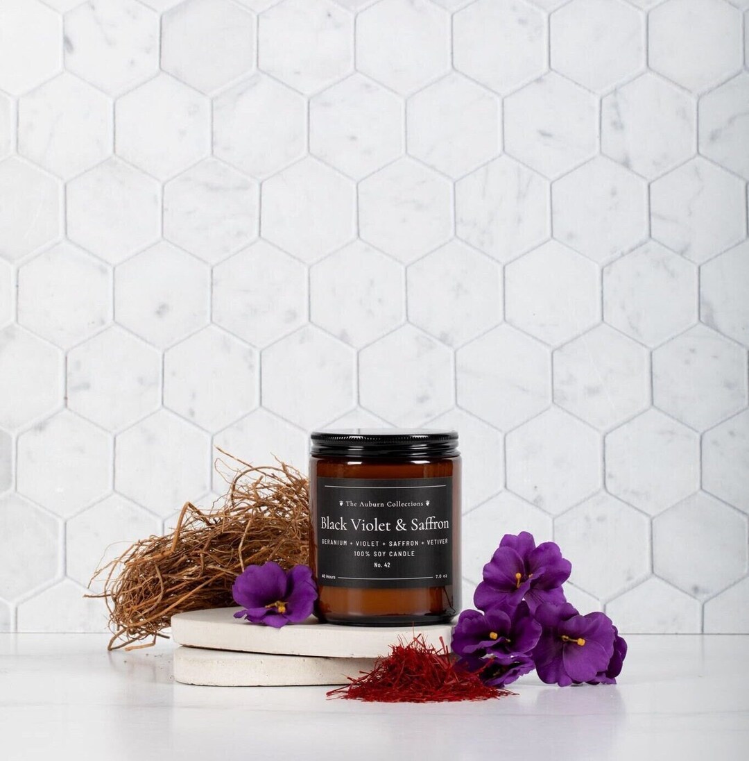 Black Violet & Saffron Soy Candle, Floral Scented Candle, Soy Wax ...