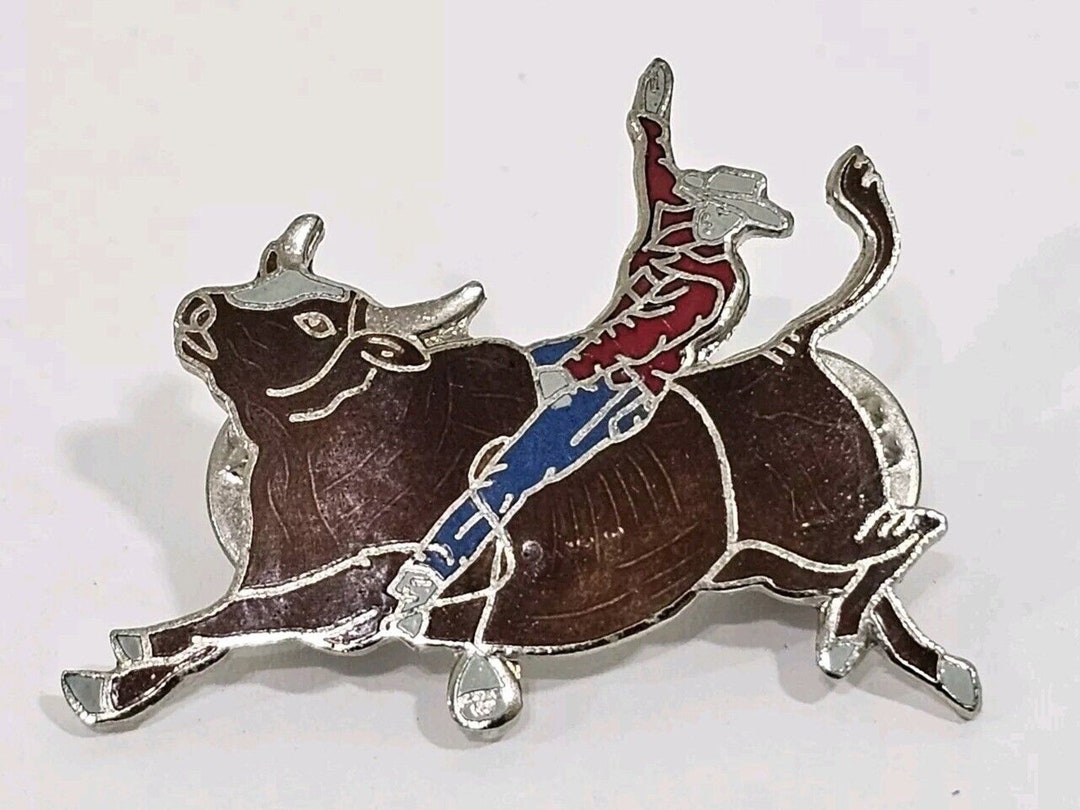 Vintage Enamel Metal Bull Riding Rodeo Cowboy Hat Pin Large Size 1-1/2 ...