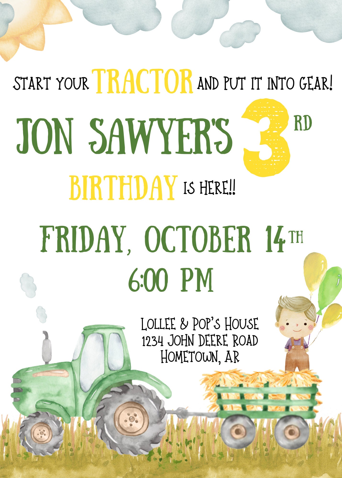 John Deere Tractor Birthday Invitation (digital File) - Etsy