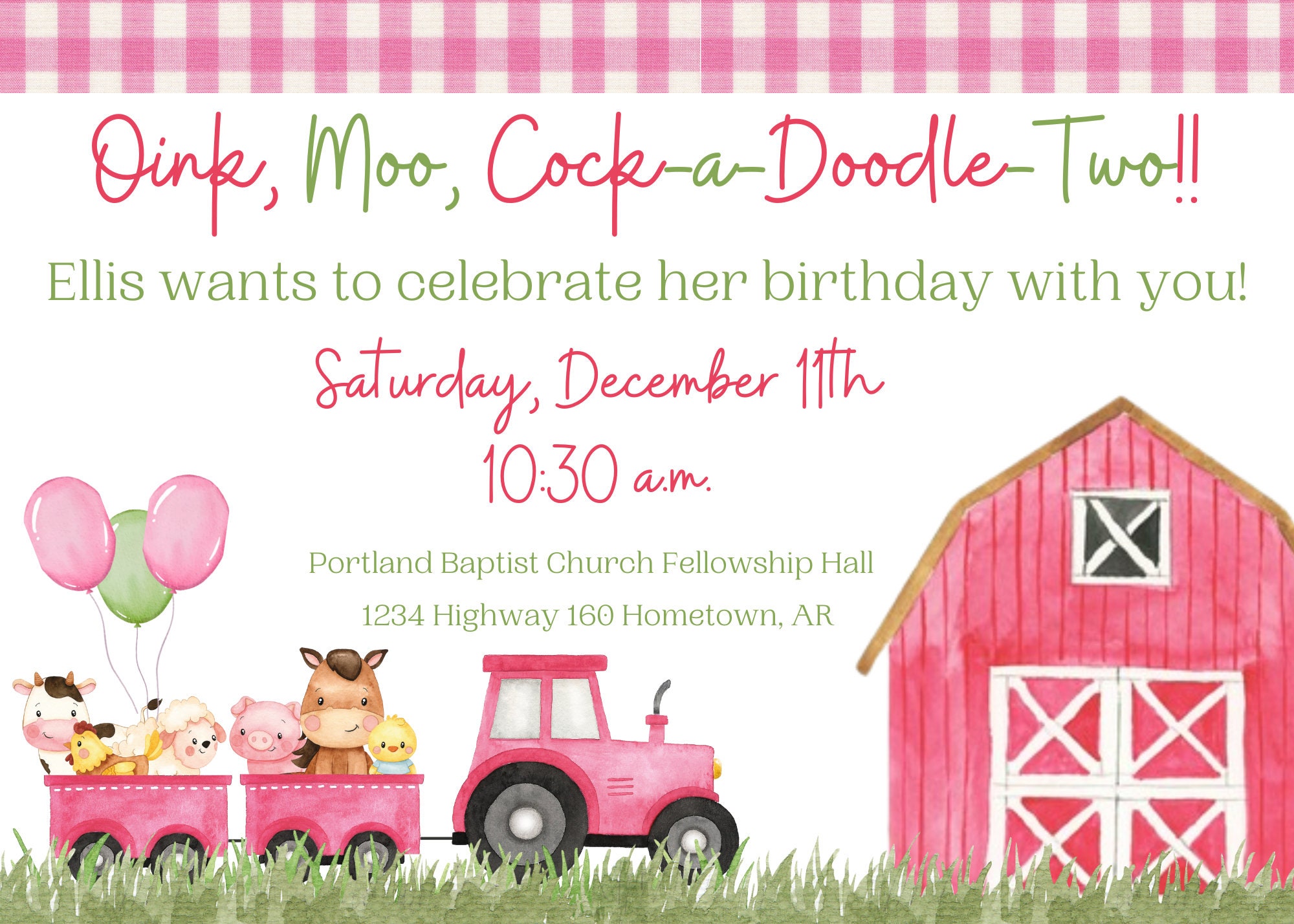 Barnyard Birthday Invitation, Pink, Little Girl, Farm Animals, Pink ...