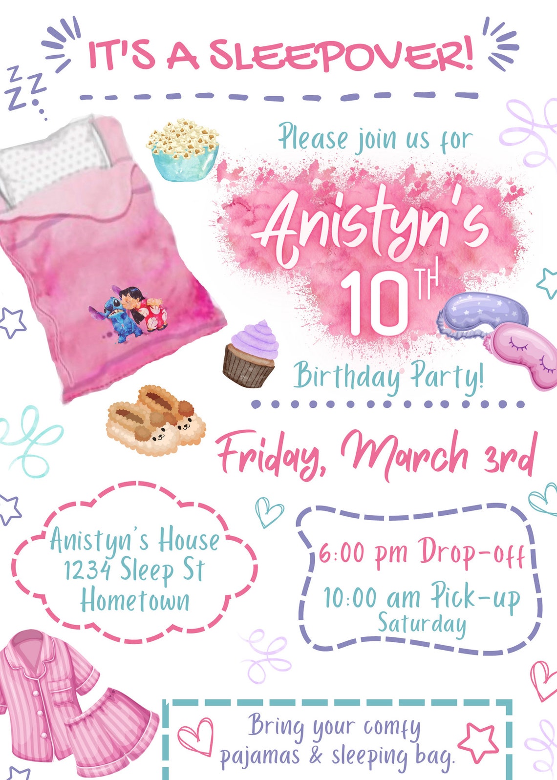 Sleepover Birthday Invitation, Birthday, Pink, Sleepover - Etsy