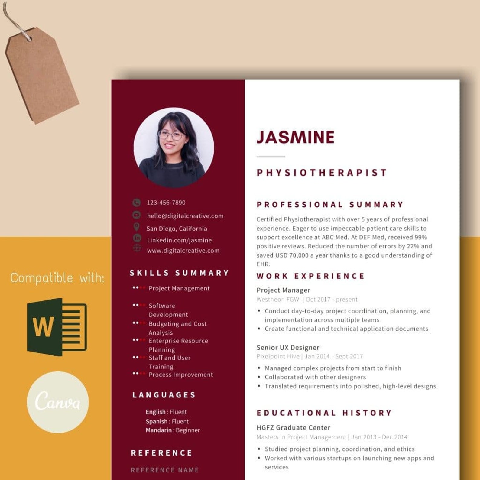 CV Template Word | 5 Page Pack | Maroon and White Resume | Simple ...