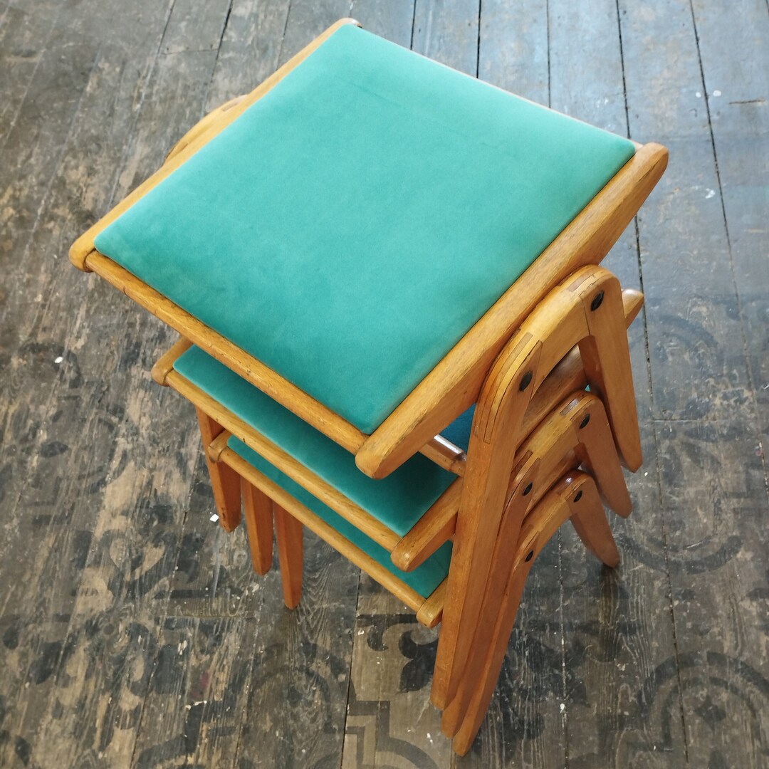 Set of Three Mid-century Stacking Stools, Turquoise Velvet - Etsy