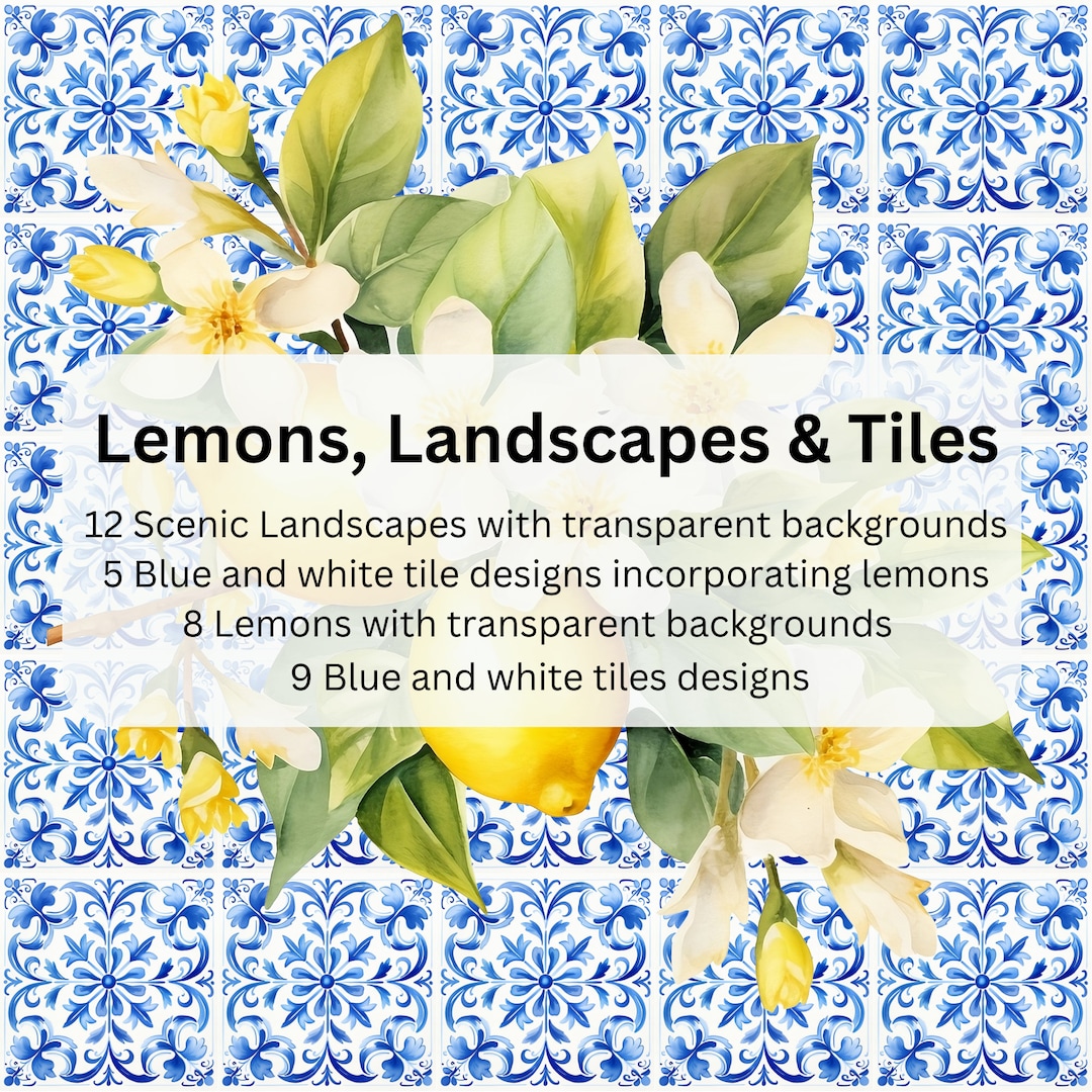 Blue and White Italian/positano Watercolour Tile and Lemons Clip Art ...
