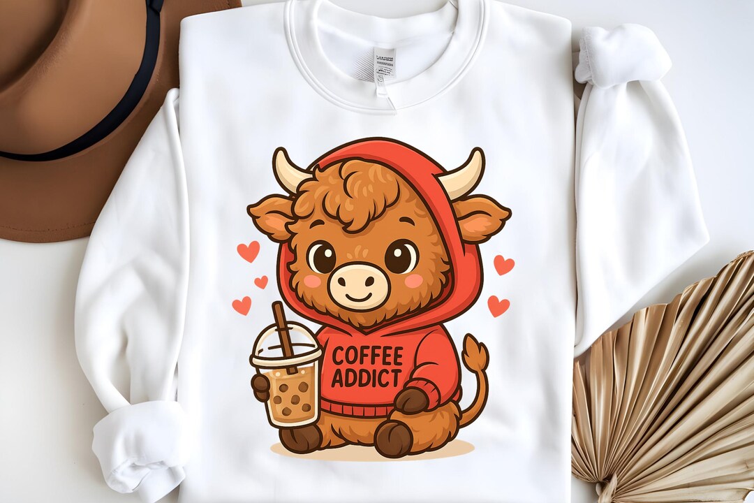 Kawaii Highland Cow Coffee Addict Png, Sublimation, Cut Hefer With ...