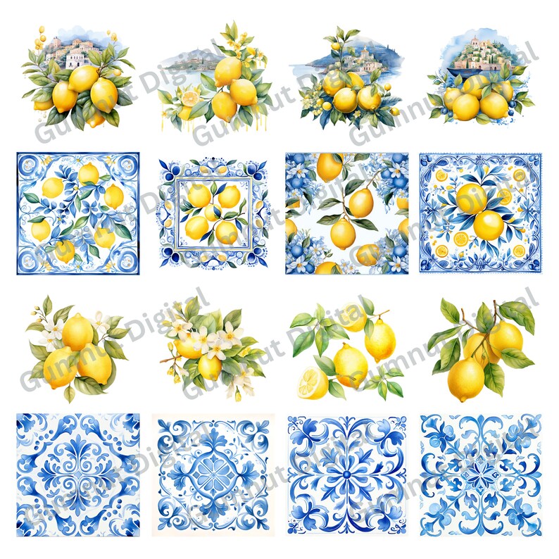 Blue and White Italian/positano Watercolour Tile and Lemons Clip Art ...