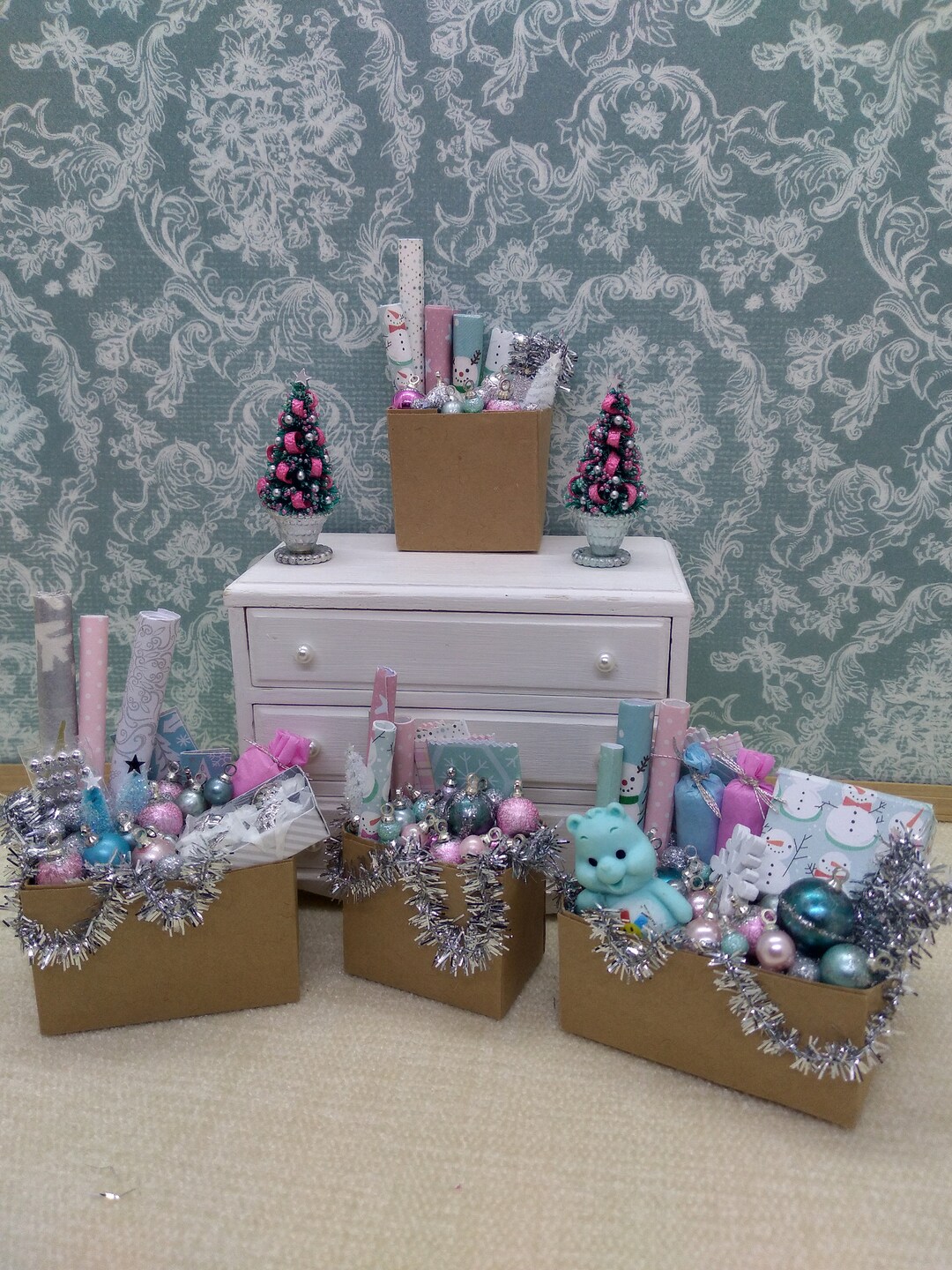Pink & Teal 1:12 Christmas Decoration Boxes Filled With Wrapping Paper ...