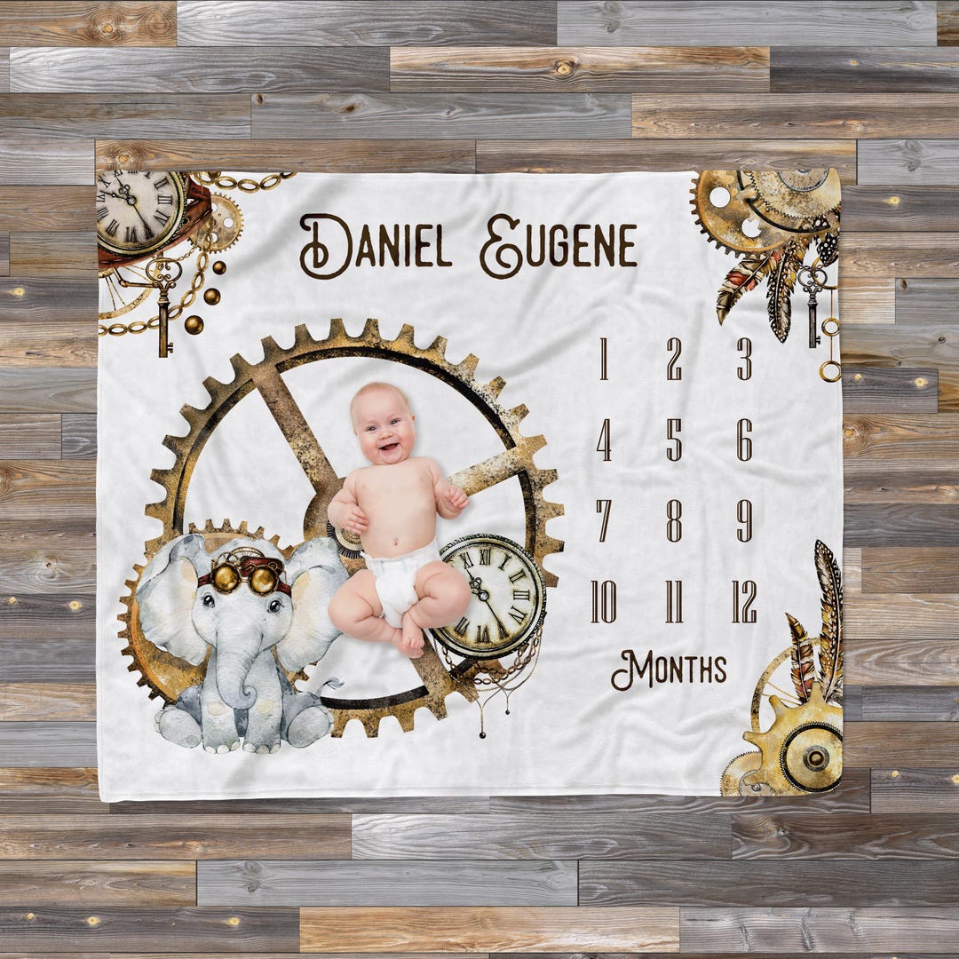 Baby Elephant Steampunk Theme Personalized Milestone Blanket: Clockwork ...