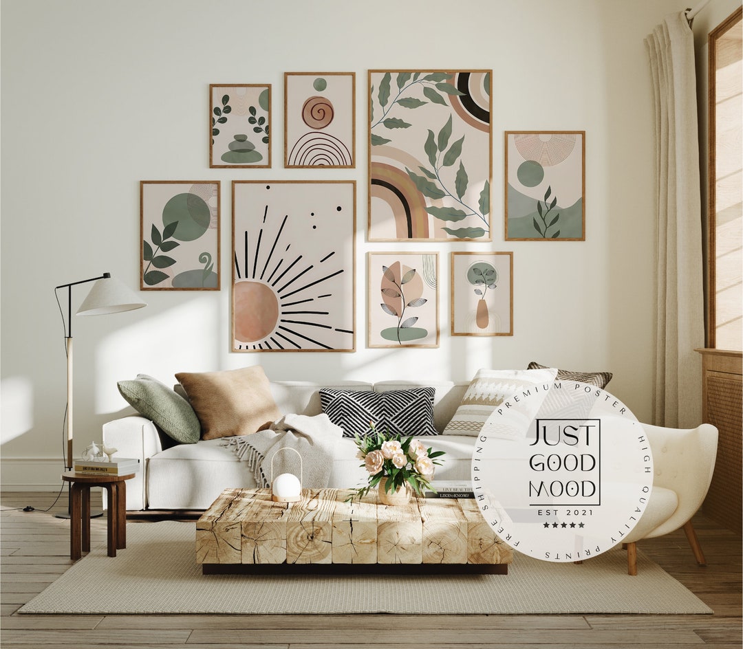 Poster Blätter Boho Geometrische Formen Grün · Bilder Wohnzimmer ...