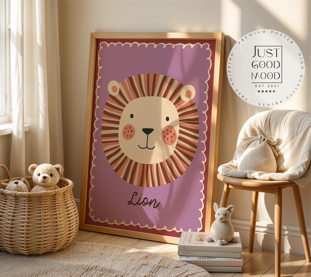 Lion Poster for Kids' Room · Cute Animal Motif · Lion Illustration on a ...