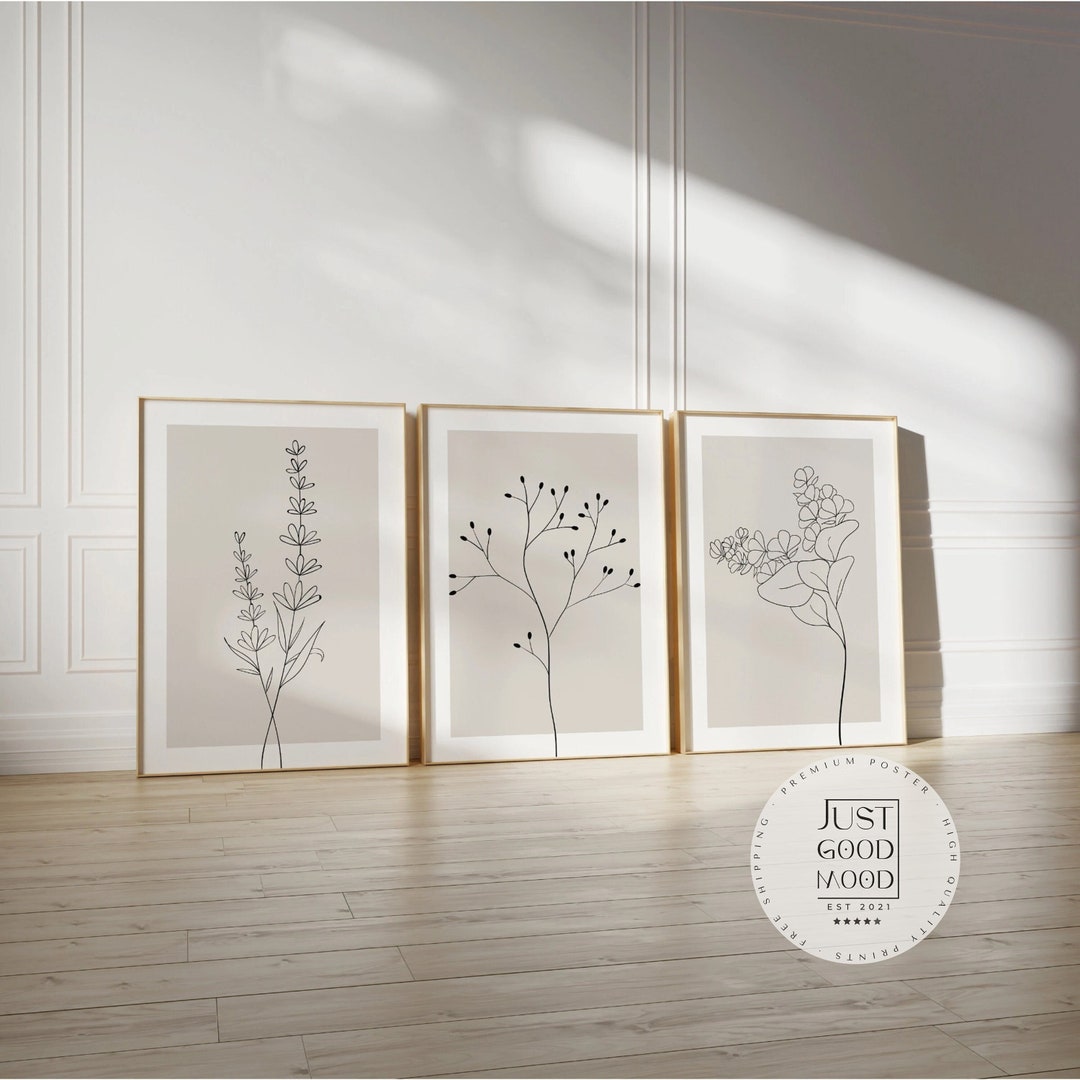 Flowers Minimalist Poster Gift Idea Hand Drawn Abstract Flower Set of 3 ...