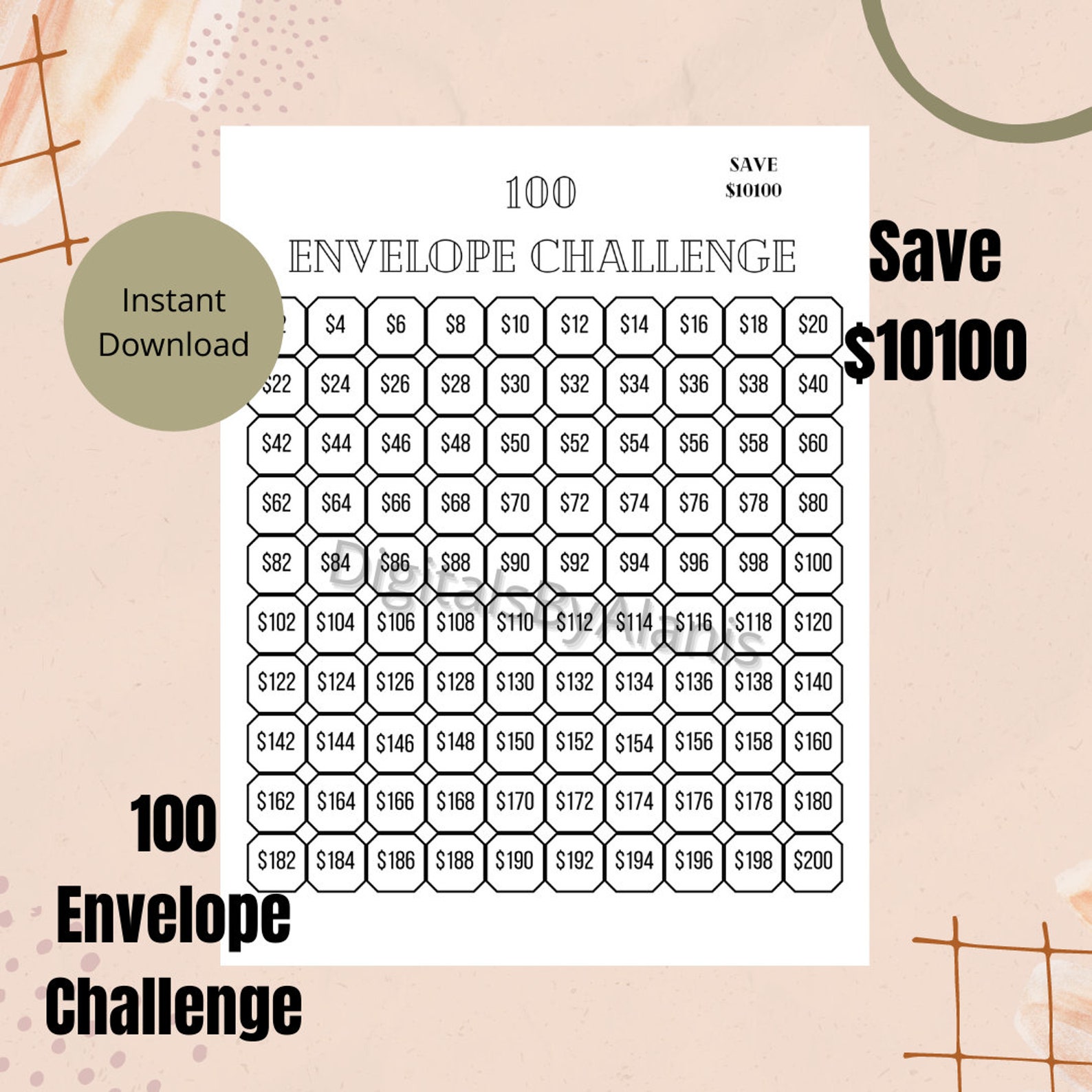 100 Envelope Challenge, Printable, Save 10100 Dollars, Money Goal ...