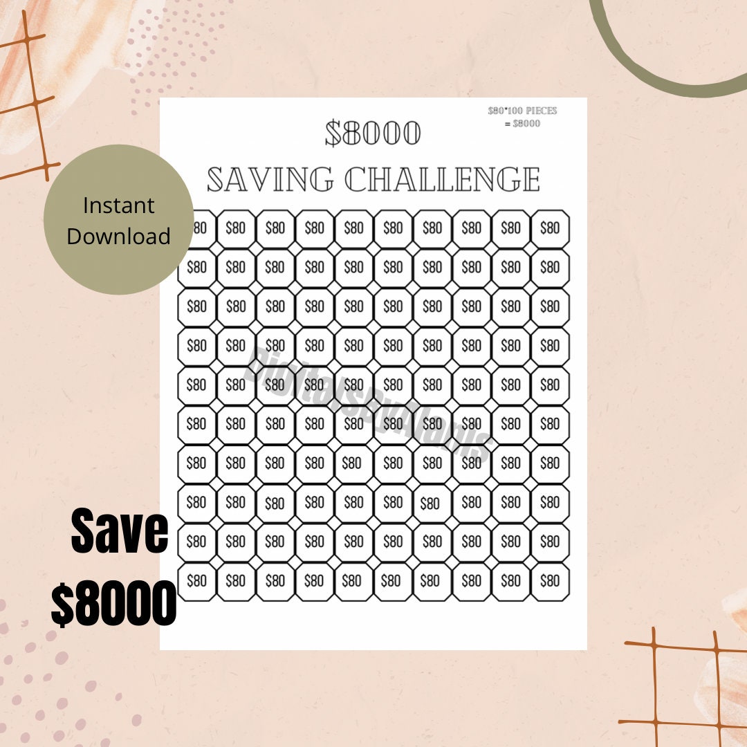 8000 Dollar Savings Challenge Printable, Money Tracker (digital ...