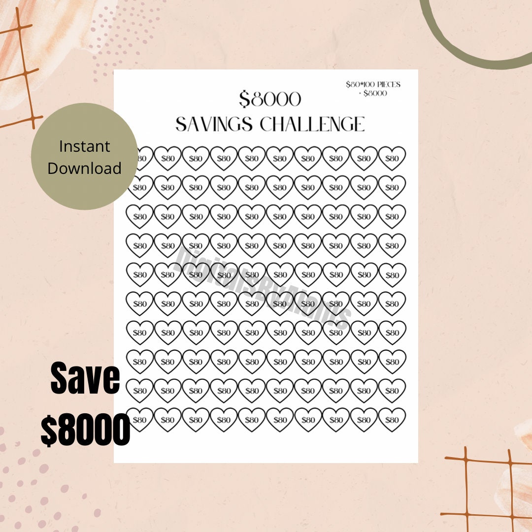 8000 Dollar Savings Challenge Tracker, Money Saving Printable (digital ...