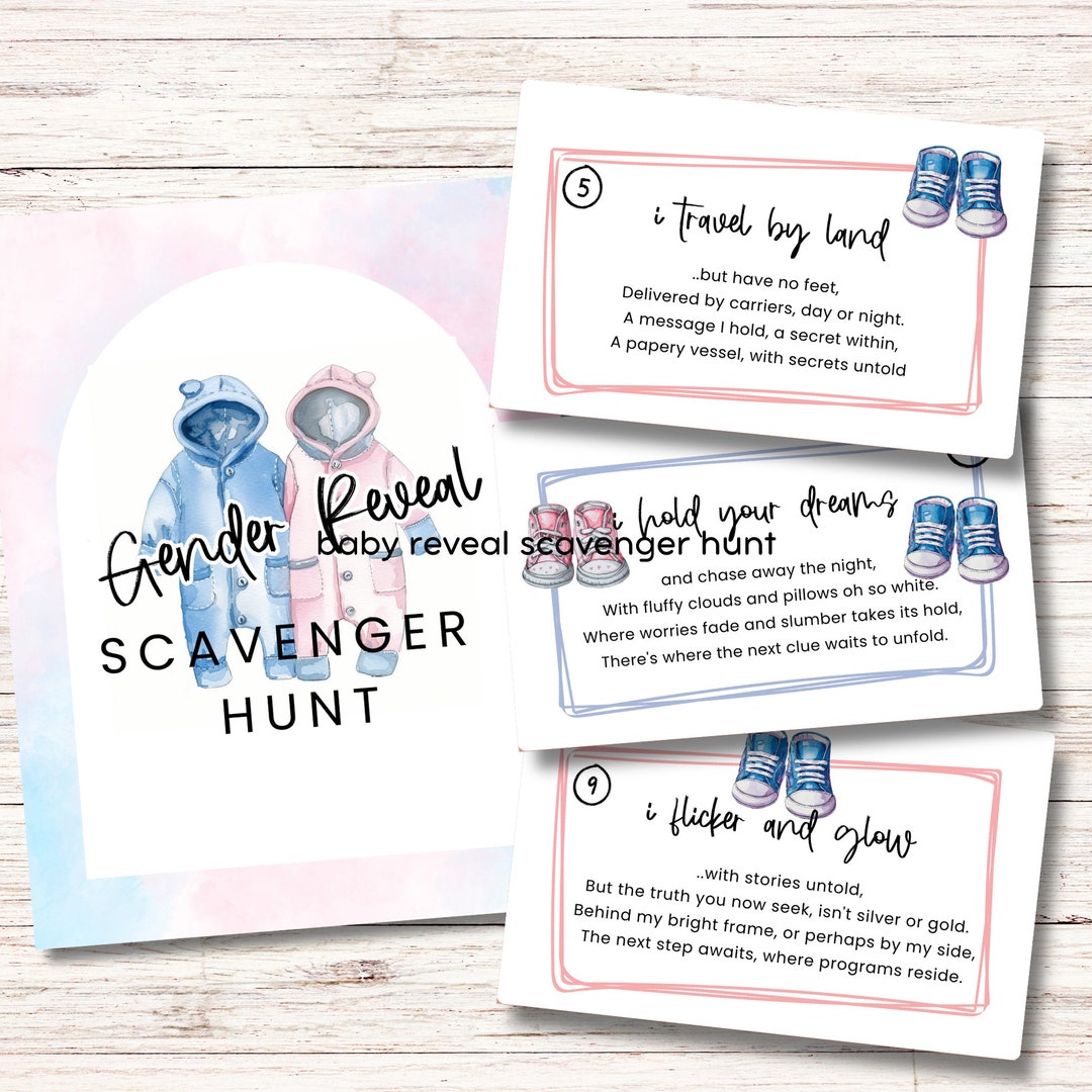 Gender Reveal Scavenger Hunt Clue Cards for Gender Reveal Game Baby ...