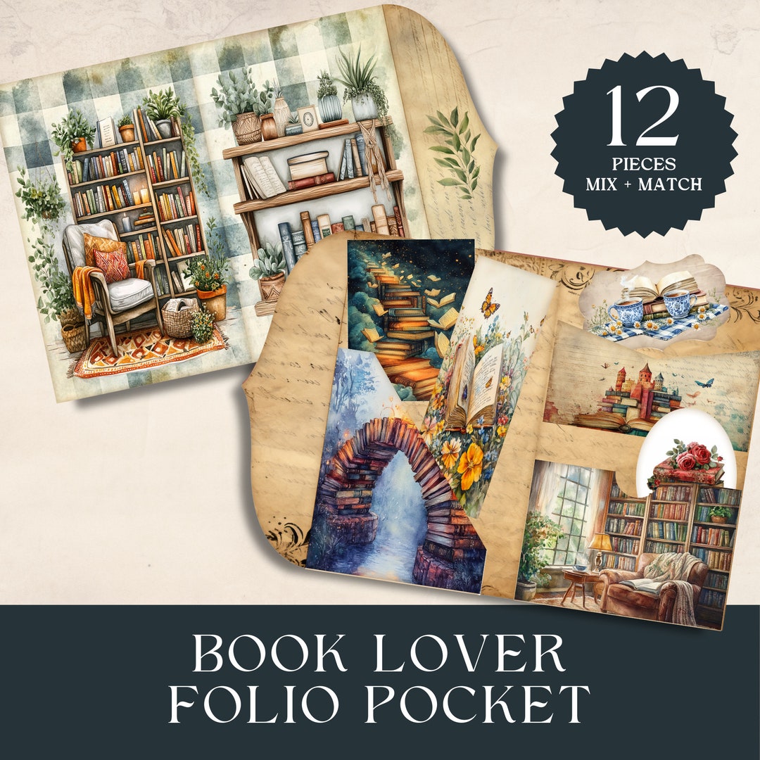 Book Lover Junk Journal Folio Kit Reading Pocket Folio Boho Bookshelf ...