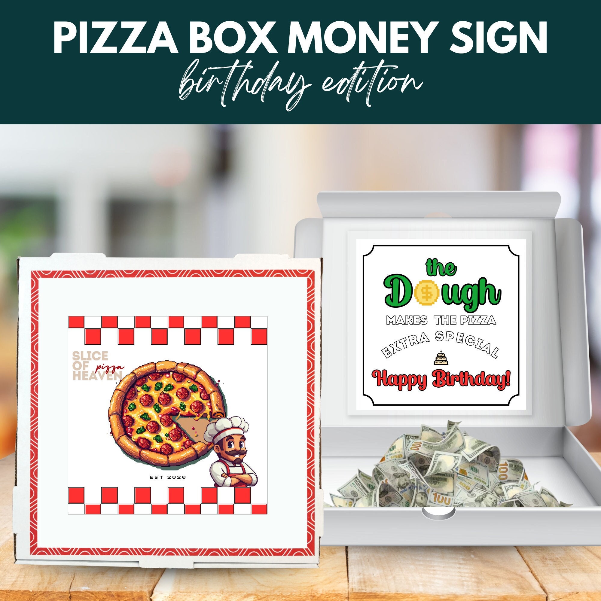 Printable Money Pizza Sign for Birthday Gift Pizza Box for Money Pizza ...