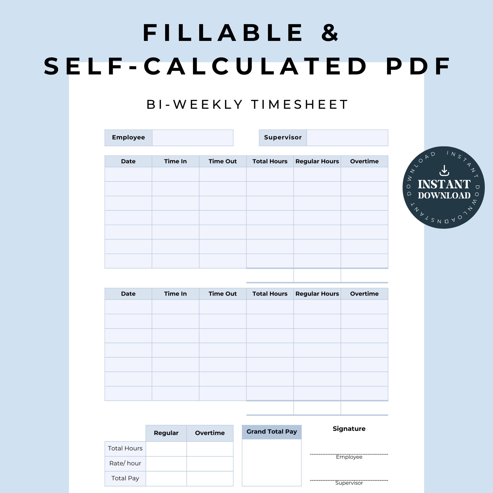 Biweekly Timesheet Template Self Calculating PDF Time Tracker Work ...