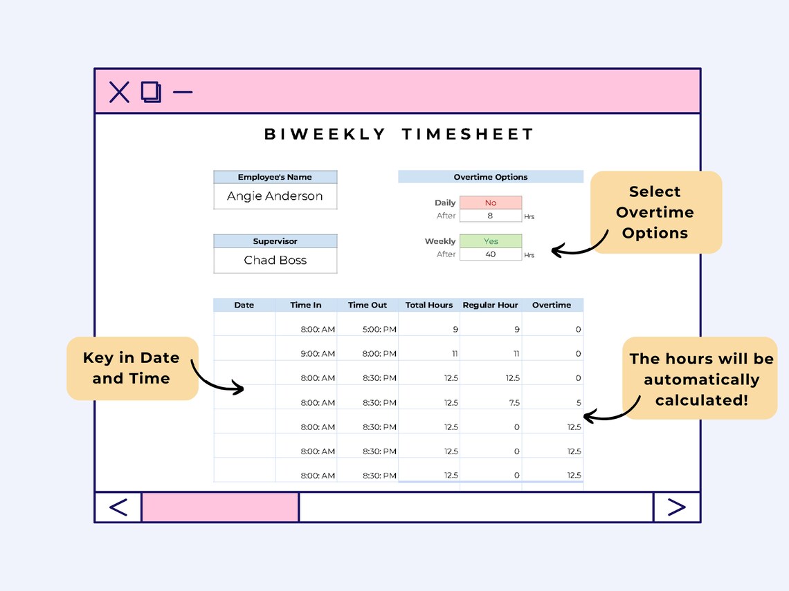 Biweekly Timesheet Template Self Calculating Google Sheet Time Tracker Work Hours Log Editable ...