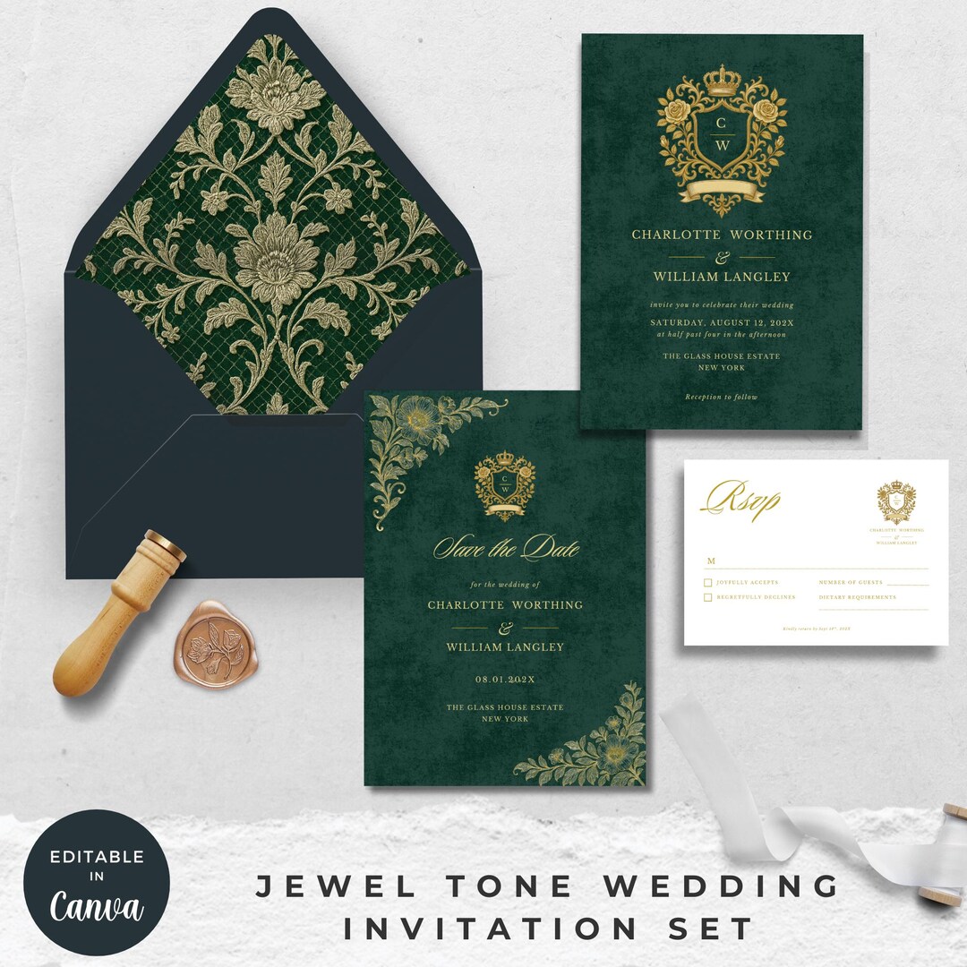 Emerald and Gold Baroque Wedding Invitation Bundle With Save the Date ...