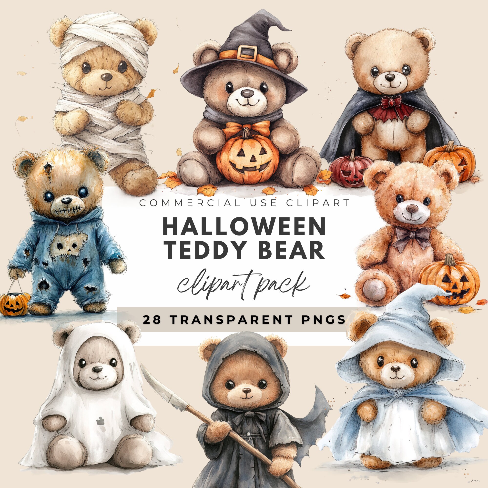 Cute Halloween Teddy Bear Clipart PNG File for Shirt Design Fall ...