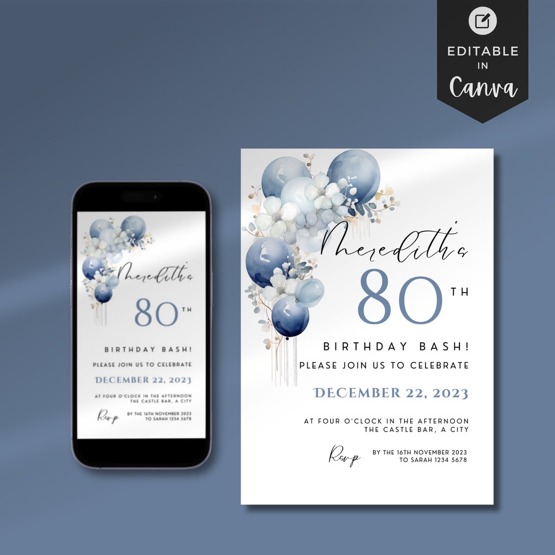 80th Birthday Invitation Printable Evite Birthday Party Blue Balloon ...