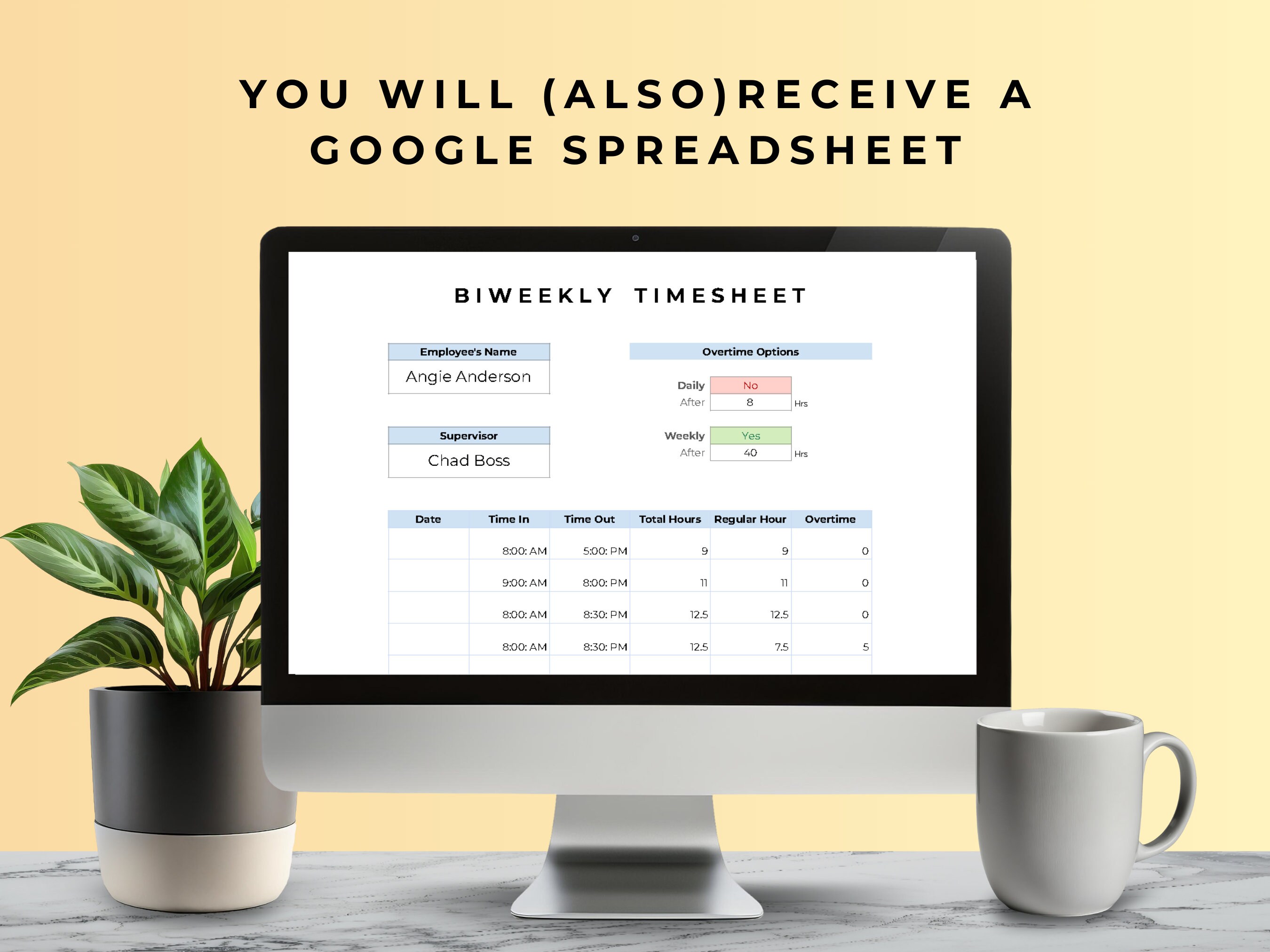 Biweekly Timesheet Template Self Calculating PDF Googlesheet Time ...