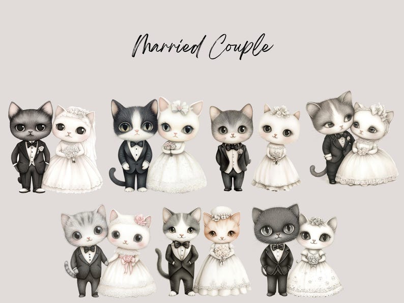 Wedding Cats Clipart Cute Cat Bride and Groom PNG Cat Lover Wedding Art ...