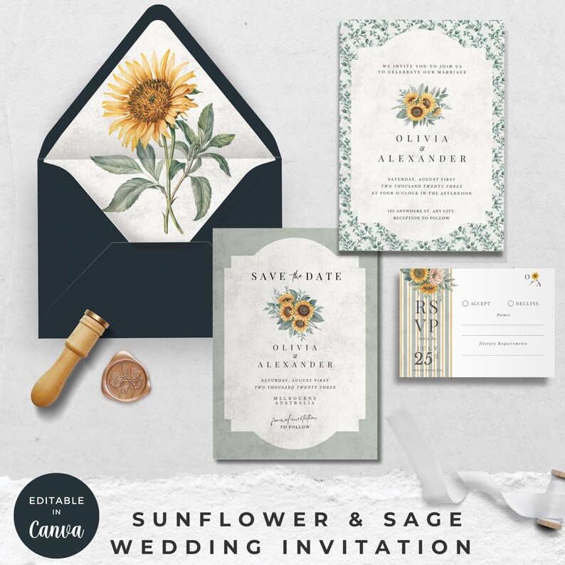 Sunflower & Sage Wedding Invitation Set, Rustic Save the Date, Sage ...