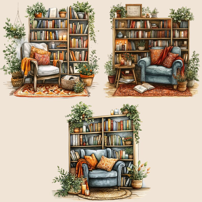 Boho Bookshelf Clipart Watercolor Bookshelf PNG Boho Aesthetic Bookcase ...