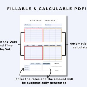 Biweekly Timesheet Template Self Calculating PDF Googlesheet Time Tracker Work Hours Log ...