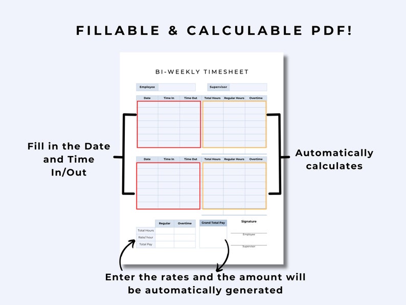 Biweekly Timesheet Template Self Calculating PDF Googlesheet Time ...
