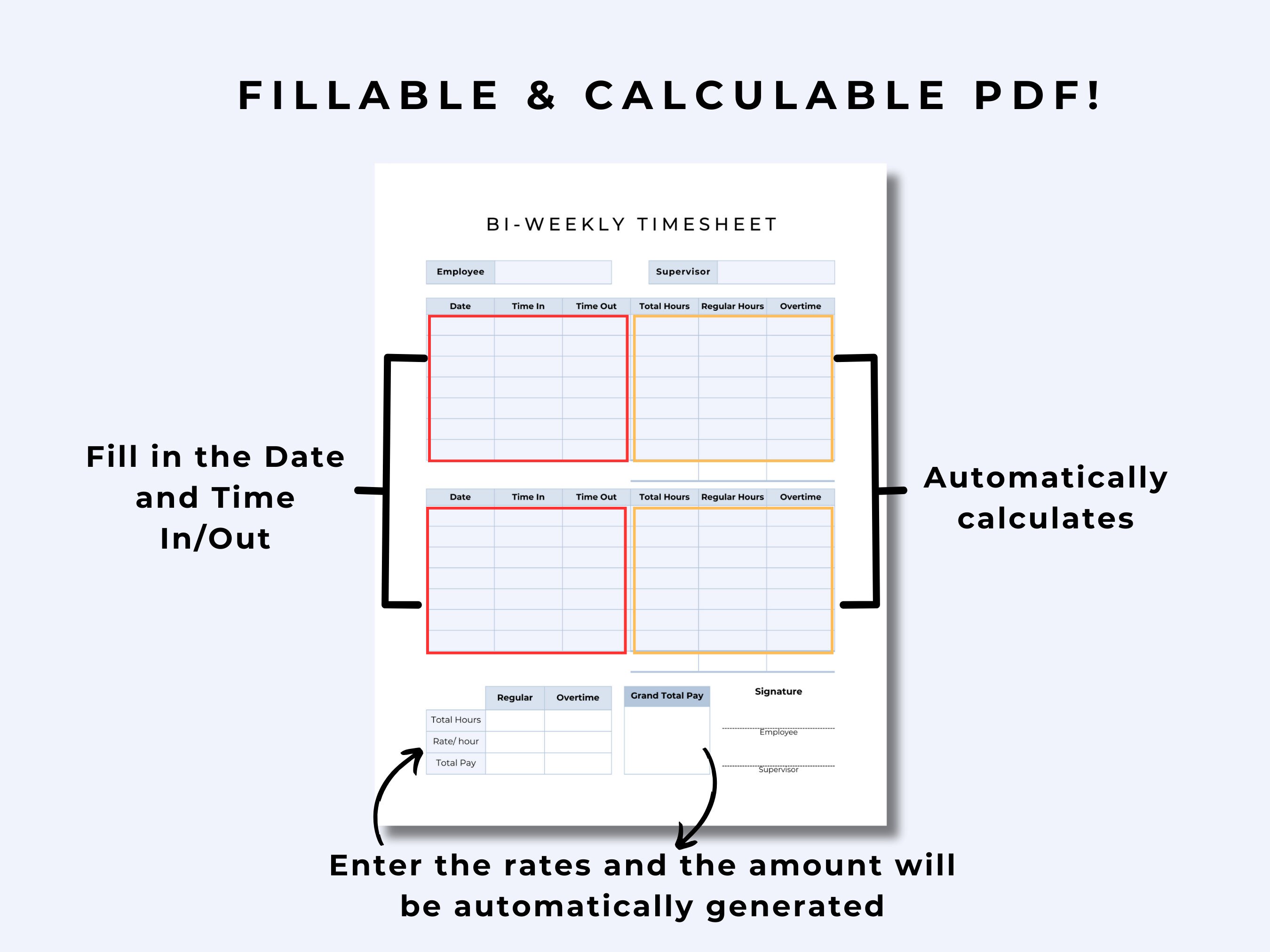 Biweekly Timesheet Template Self Calculating PDF Googlesheet Time Tracker Work Hours Log ...
