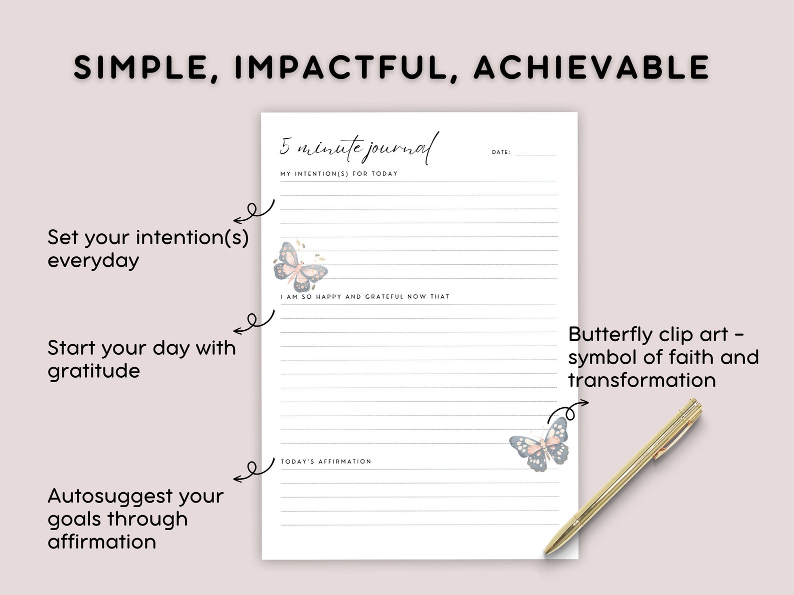 5 Minute Morning Journal 5 Minute Gratitude Journal Self Reflection ...