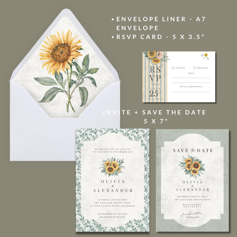 Sunflower & Sage Wedding Invitation Set, Rustic Save the Date, Sage ...